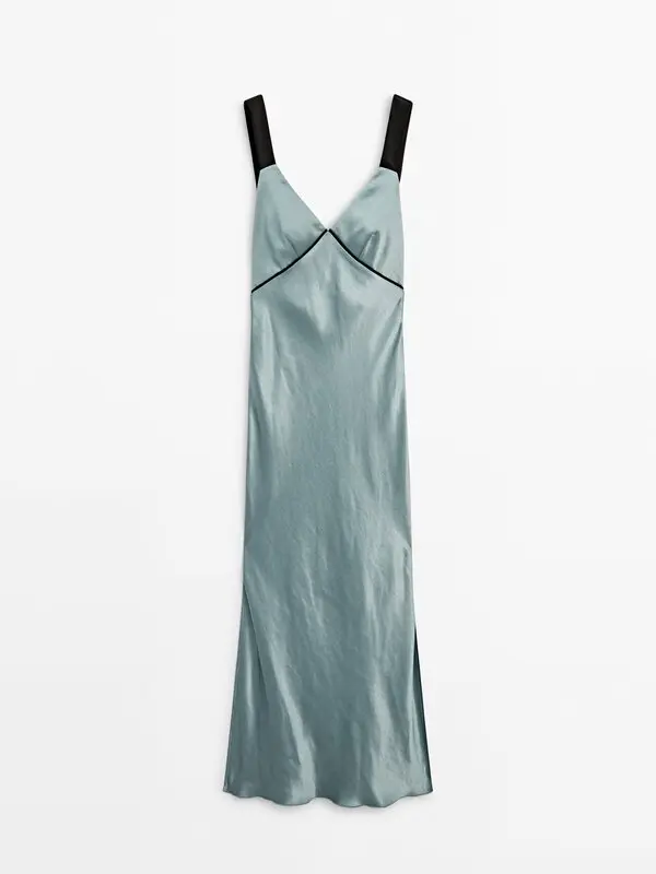 ◆Massimo Dutti◆ Fluid satin midi dress with strap detail Massimo Dutti Satin Midi Dress - Bluish Green | Editorialist